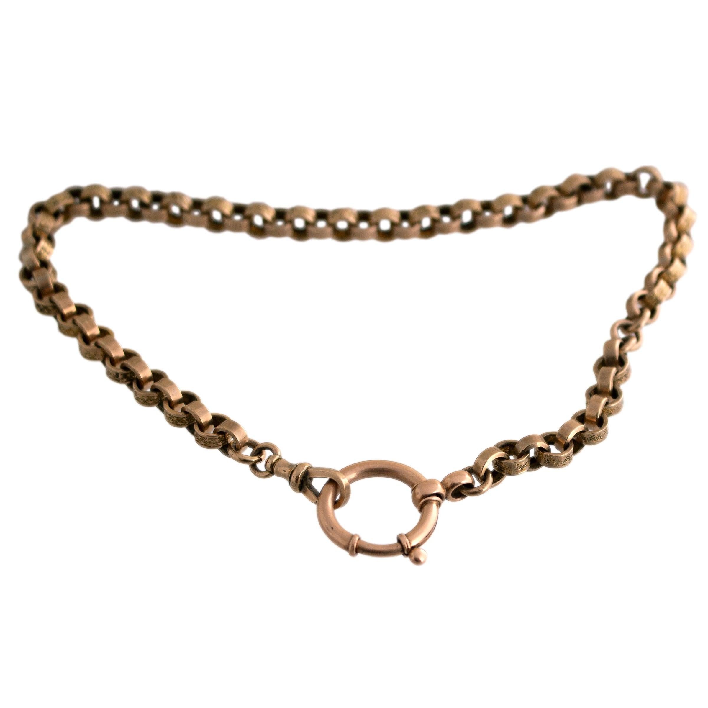 Antique 9K Gold Textured Watch Chain 16" Necklace with Large Bolt Ring ...